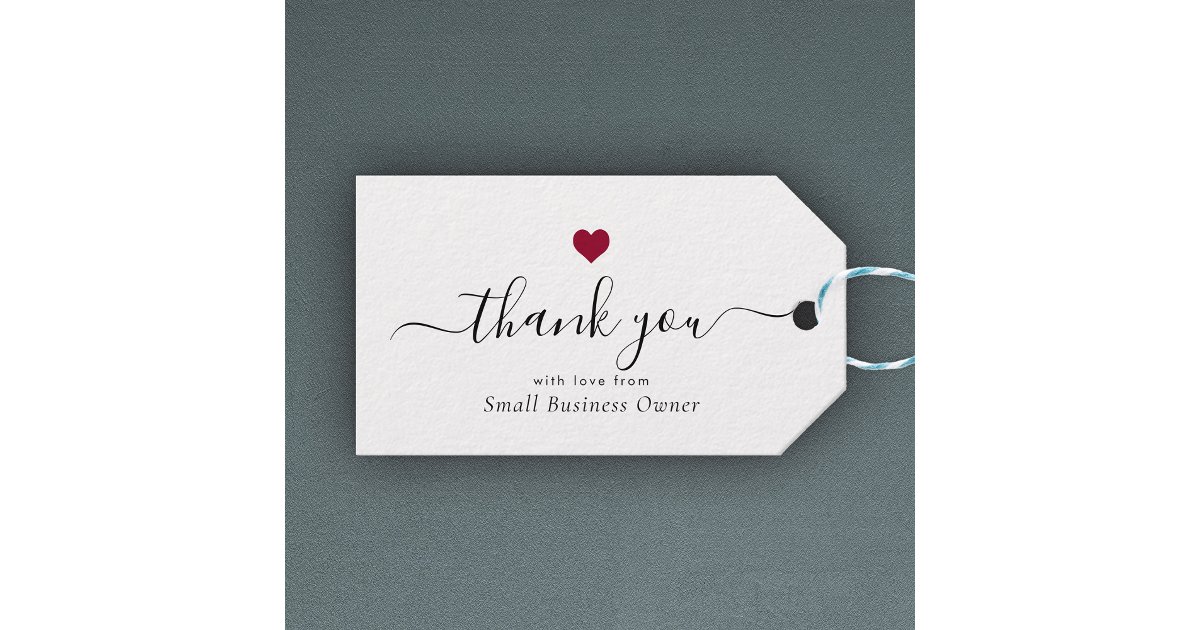 Elegant Thank You Modern Script Red Heart Business Gift Tags | Zazzle