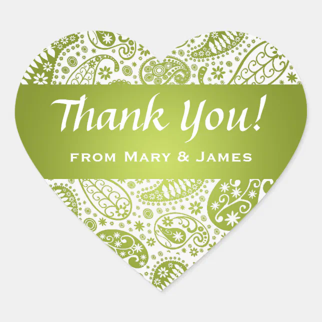 Elegant Thank you Paisley Pattern Lime Green Heart Sticker | Zazzle