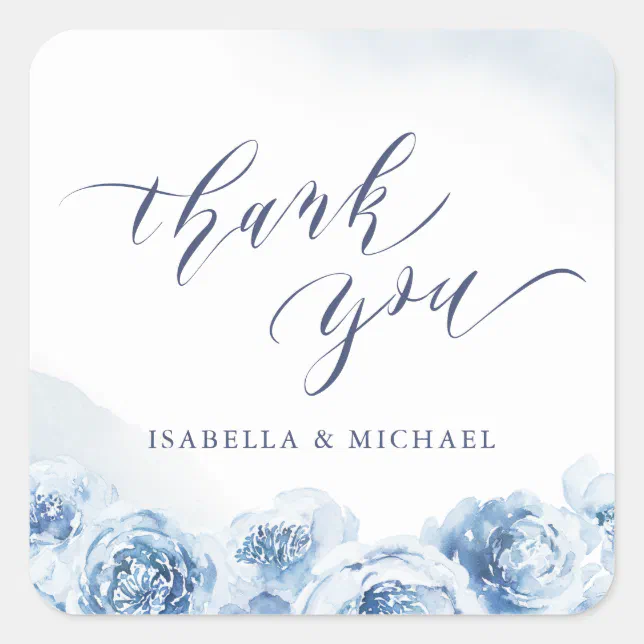 Elegant thank you script blue watercolor floral square sticker | Zazzle