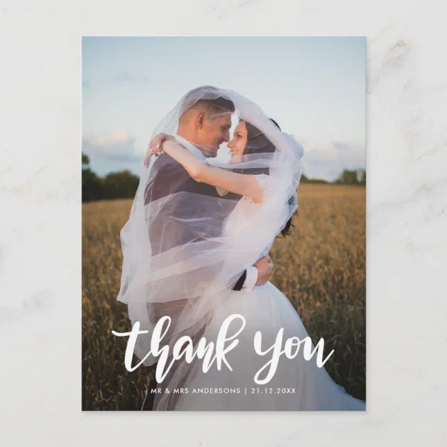Elegant Thank You Script Couple Photo Wedding Postcard | Zazzle
