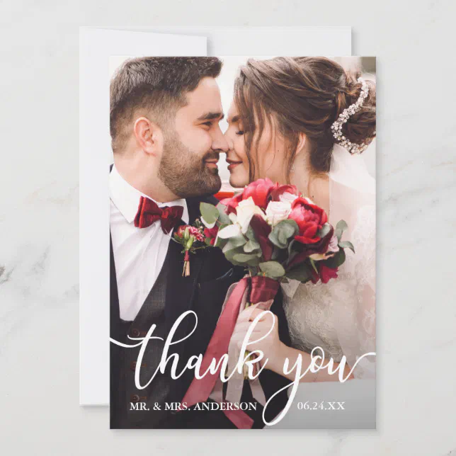 Elegant Thank You White Script Wedding Photo Card | Zazzle
