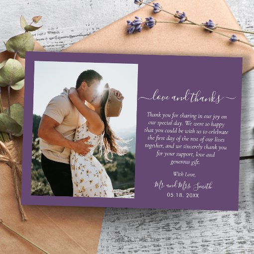 Elegant Thanks Script 2 Photo Mauve Wedding Thank You Card | Zazzle