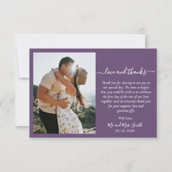 Elegant Thanks Script 2 Photo Mauve Wedding Thank You Card | Zazzle