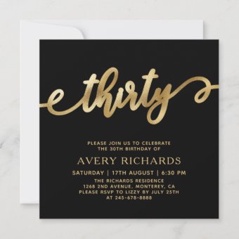 Elegant Thirty Gold Script Black 30th Birthday Invitation | Zazzle