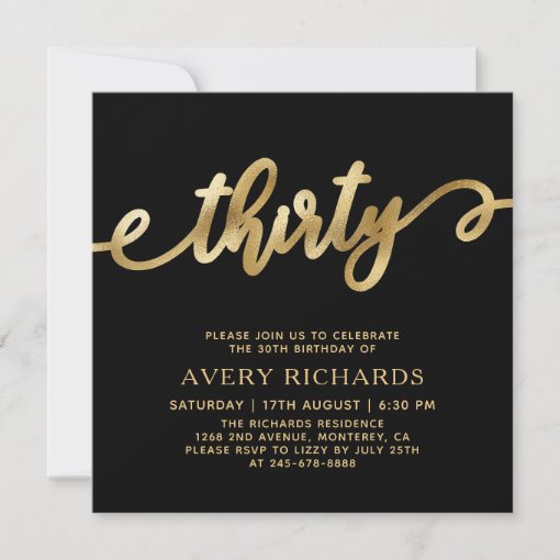 Elegant Thirty Gold Script Black 30th Birthday Invitation | Zazzle