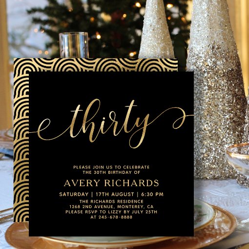 Elegant Thirty Gold Script Black 30th Birthday Invitation | Zazzle