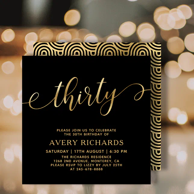 Elegant Thirty Gold Script Black 30th Birthday Invitation | Zazzle