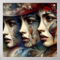 Elegant Three Female Faces Profile Artwork Poster | Zazzle