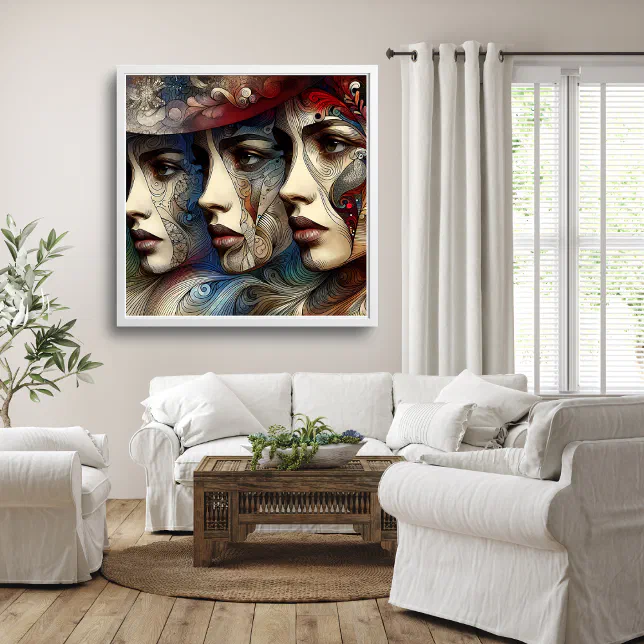 Elegant Three Female Faces Profile Artwork Poster | Zazzle