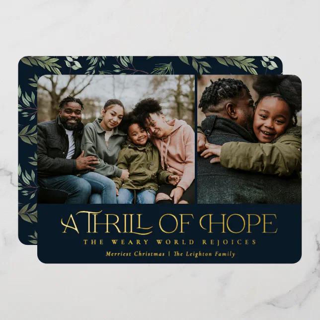 Elegant Thrill of Hope Navy Two Photo Christmas Foil Holiday Card | Zazzle
