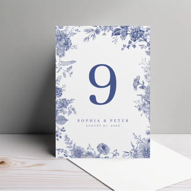 Elegant Toile French Blue Floral Table Number | Zazzle