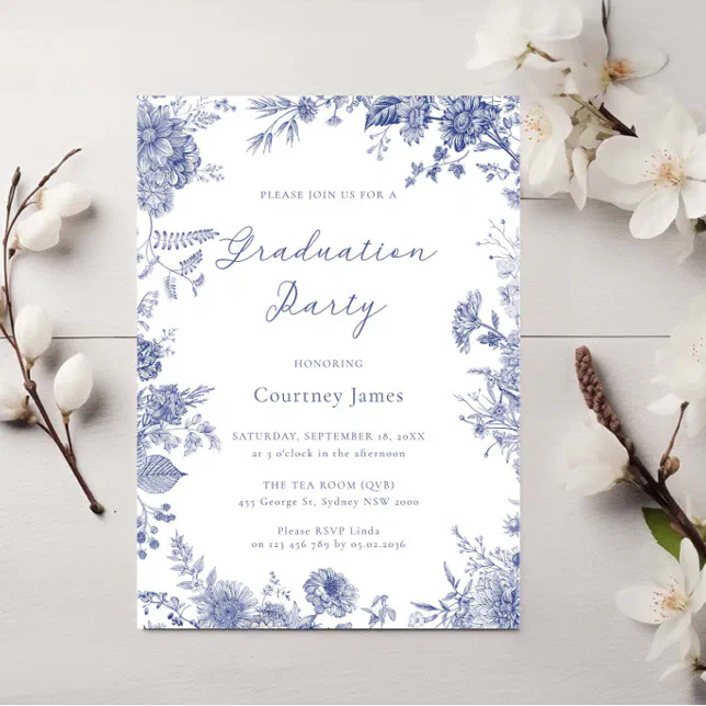 Elegant Toile French Blue toile graduation party Invitation | Zazzle