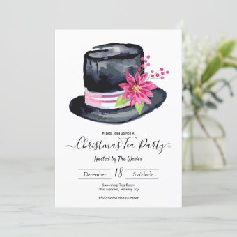 Elegant Top Hat and Poinsettia Christmas Tea Party Invitation | Zazzle