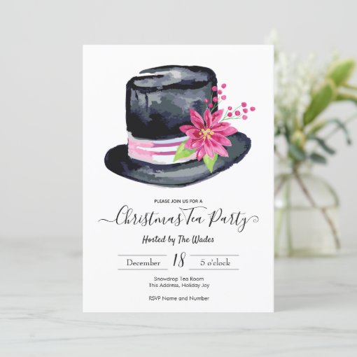 Elegant Top Hat and Poinsettia Christmas Tea Party Invitation | Zazzle