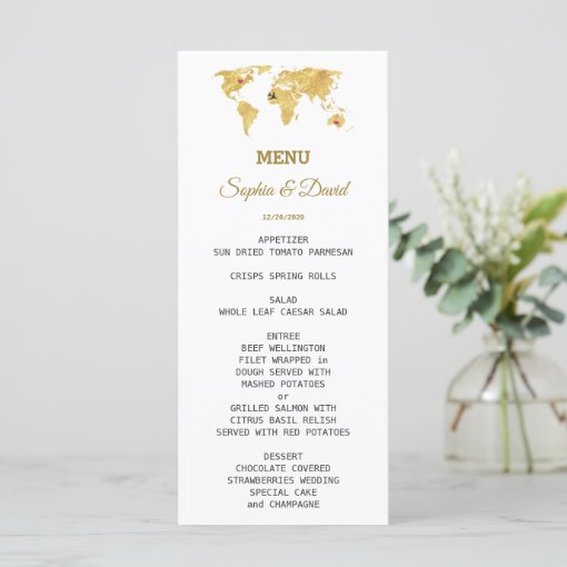 Elegant Travel Gold World Map Wedding Menu | Zazzle