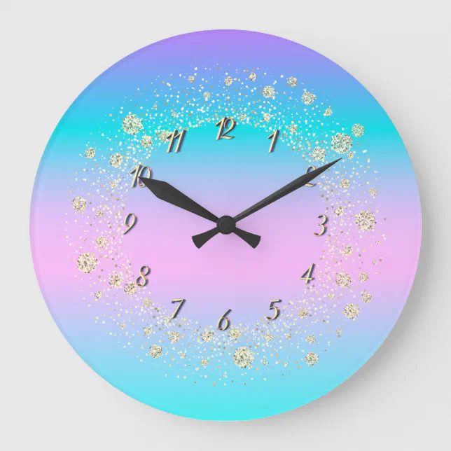 Elegant Trendy Confetti Ombre Holographic Large Clock | Zazzle