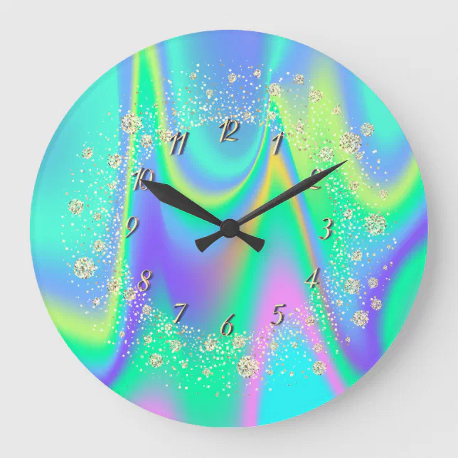 Elegant Trendy Confetti Rainbow Holographic Large Clock | Zazzle