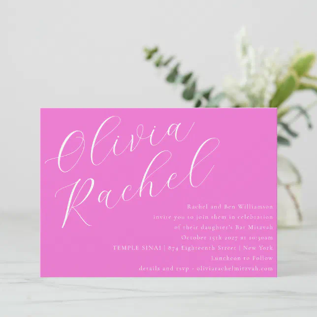 Elegant Trendy Hot Pink Script Minimal Bat Mitzvah Invitation | Zazzle