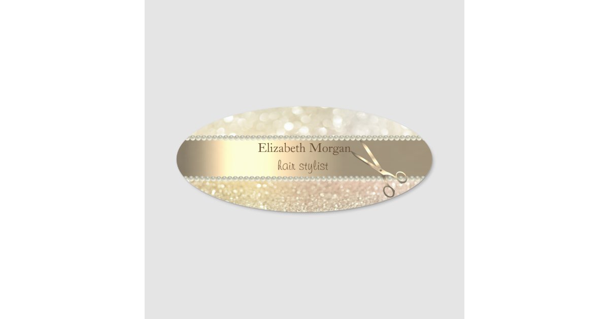 Elegant Trendy, Pearls Bokeh Gold Scissor Name Tag | Zazzle
