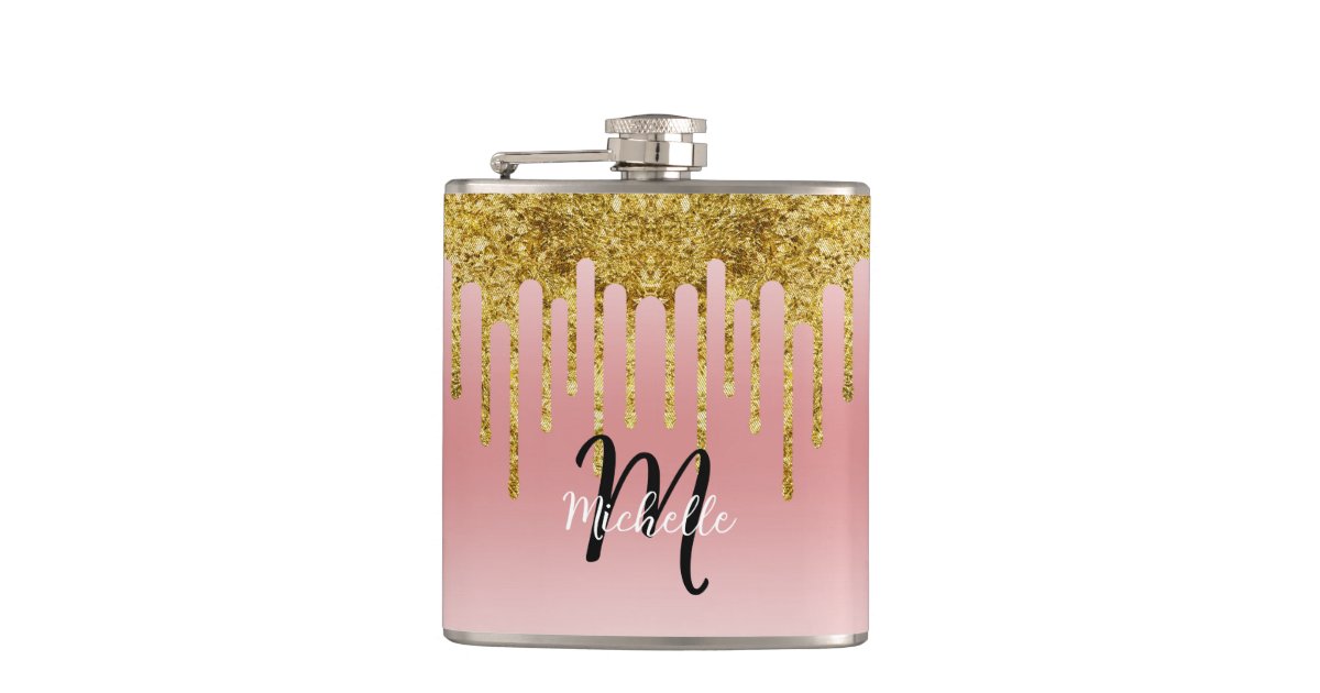 Elegant Trendy Pink Gold Glitter Monogram Initial Flask | Zazzle