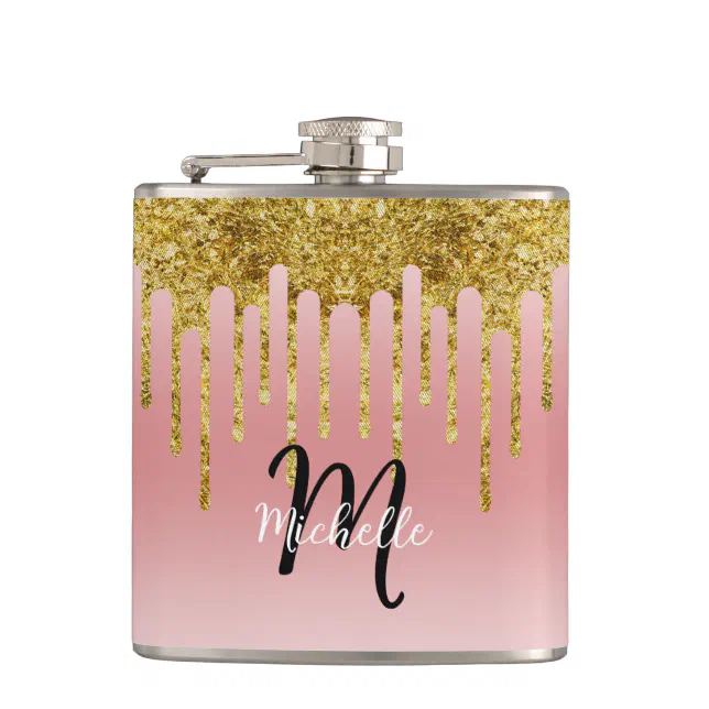 Elegant Trendy Pink Gold Glitter Monogram Initial Flask | Zazzle
