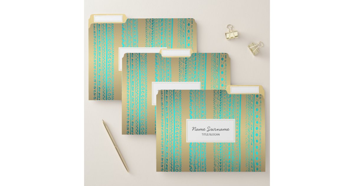 Elegant Trendy Shiny Boho Turquoise Gold Tribal File Folder | Zazzle