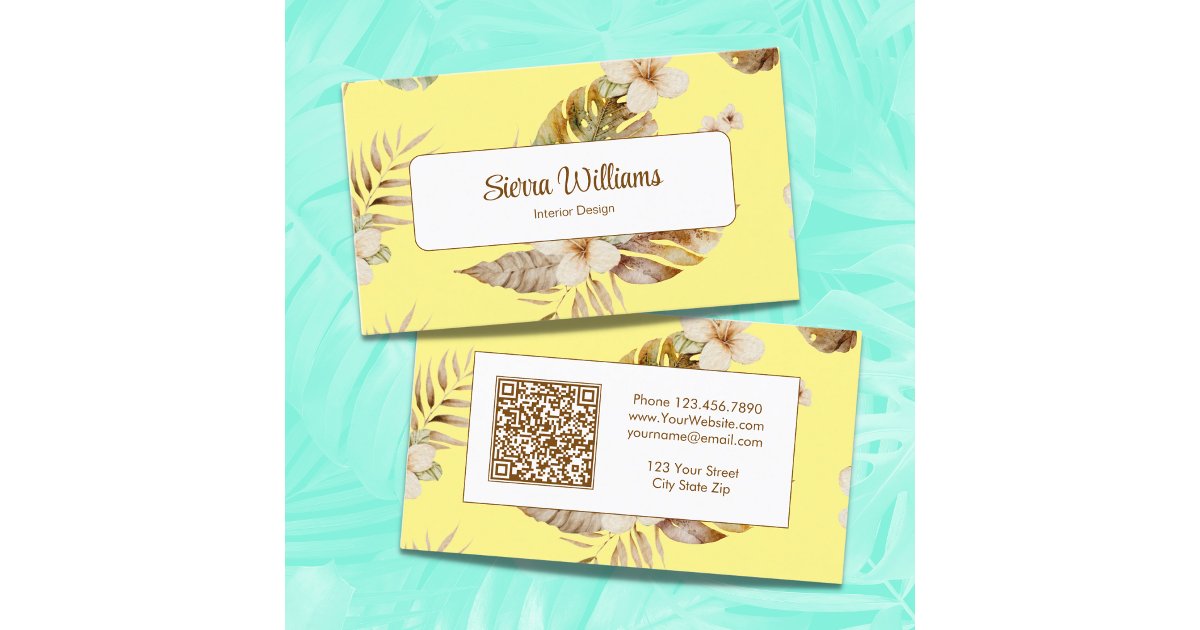 Elegant Tropical Boho Floral QR Code Yellow Business Card | Zazzle