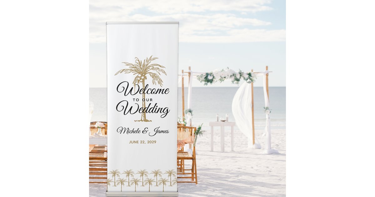 Elegant Tropical Gold Palm Trees Wedding Welcome Retractable Banner ...
