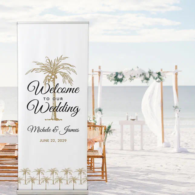 Elegant Tropical Gold Palm Trees Wedding Welcome Retractable Banner ...