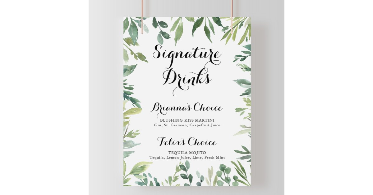 Elegant Tropical Green Signature Drinks Sign | Zazzle