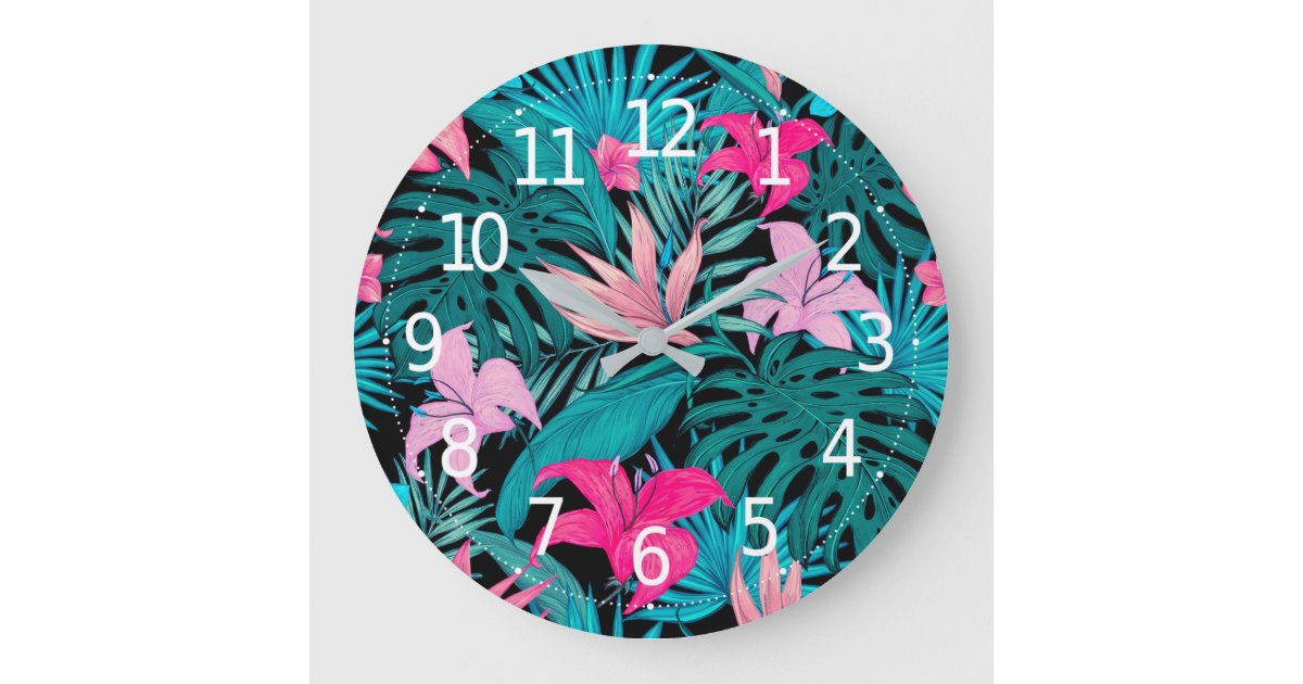 Elegant Tropical Hibiscus Flowers and Leaves | Large Clock | Zazzle