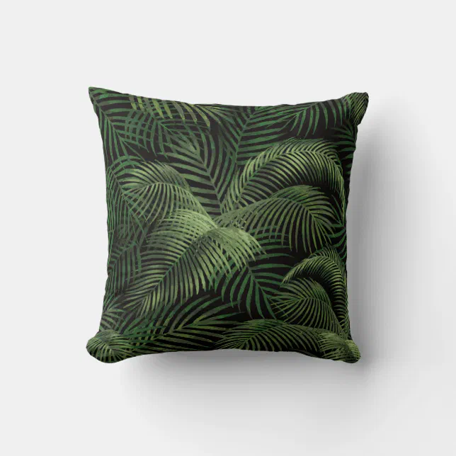 Elegant Tropical Palm Tree Pattern | Black & Green Throw Pillow | Zazzle
