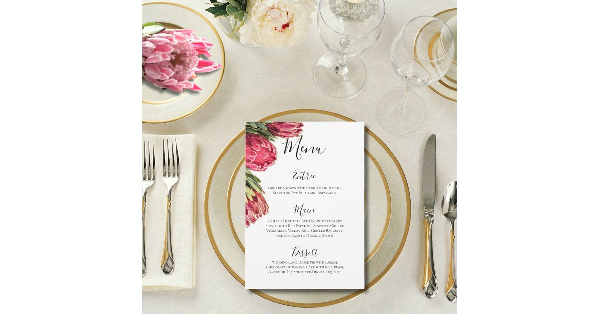 Elegant Tropical Pink & Green Proteas Wedding Menu | Zazzle