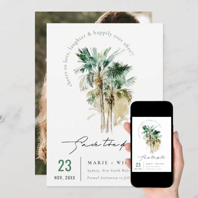 Elegant Tropical Watercolor Palm Tree Script Photo Save The Date | Zazzle