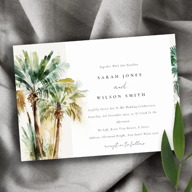 Elegant Tropical Watercolor Palm Trees Wedding Invitation | Zazzle