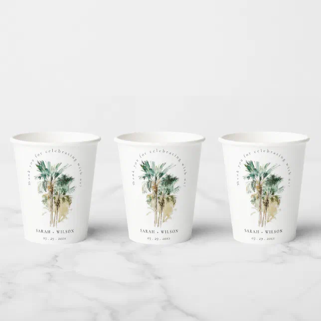Elegant Tropical Watercolor Palm Trees Wedding Paper Cups | Zazzle
