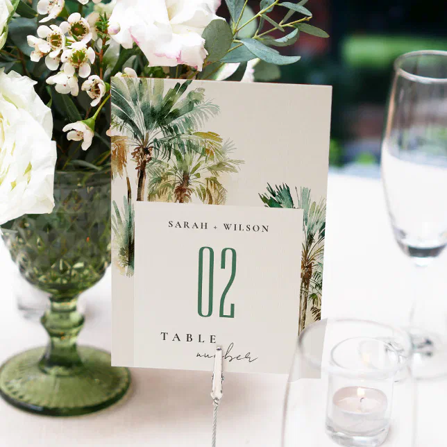Elegant Tropical Watercolor Palm Trees Wedding Table Number | Zazzle