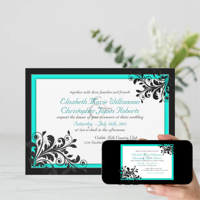 Elegant Turquoise|Black Wedding Invitation | Zazzle