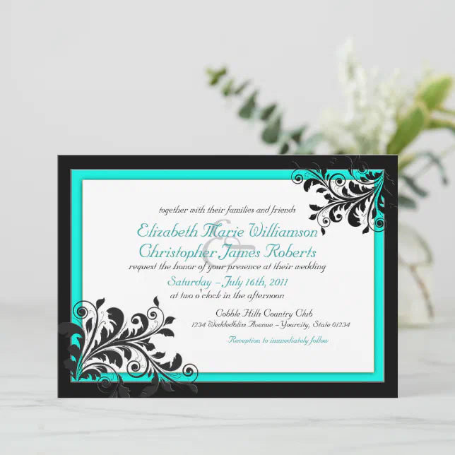Elegant Turquoise|Black Wedding Invitation | Zazzle