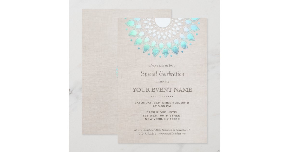 Elegant Turquoise Blue Beige Linen Look Invitation | Zazzle