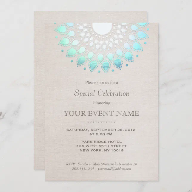 Elegant Turquoise Blue Beige Linen Look Invitation | Zazzle