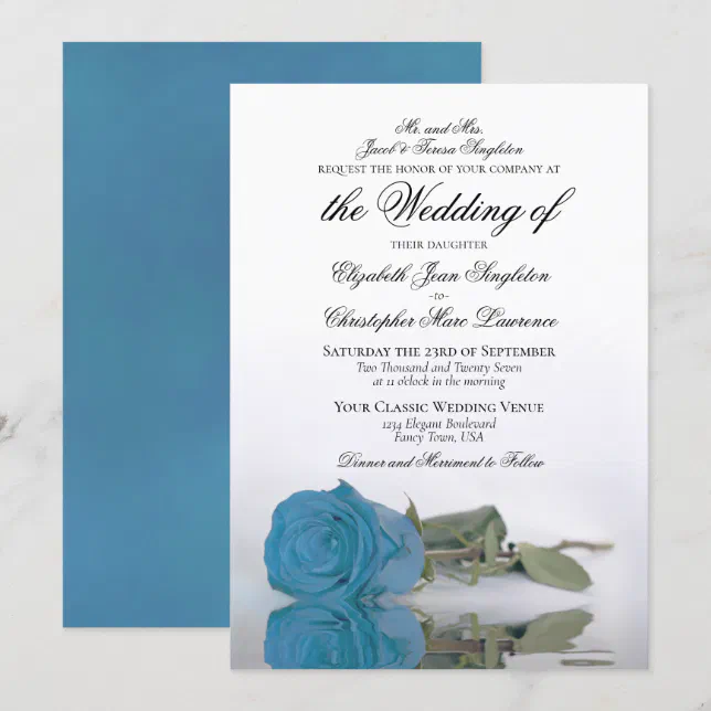 Elegant Turquoise Blue Rose Formal Wedding Invitation | Zazzle