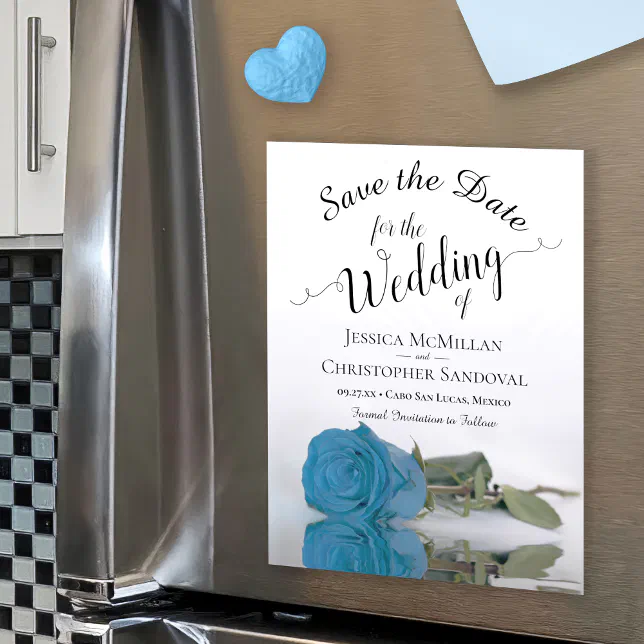 Elegant Turquoise Blue Rose Save the Date Magnet | Zazzle