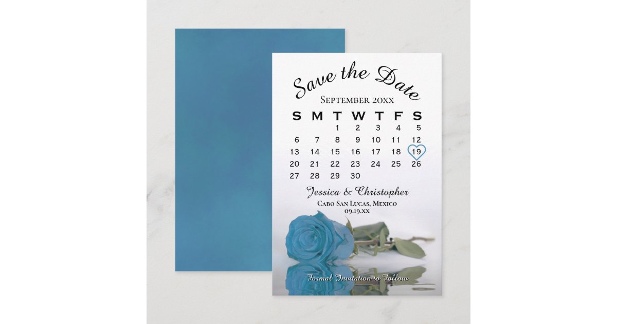 Elegant Turquoise Blue Rose Wedding Calendar Save The Date | Zazzle