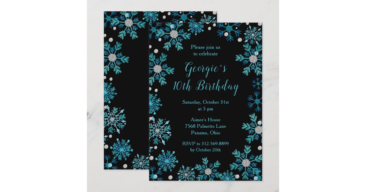 Elegant Turquoise Blue Snowflakes Birthday Invitation | Zazzle