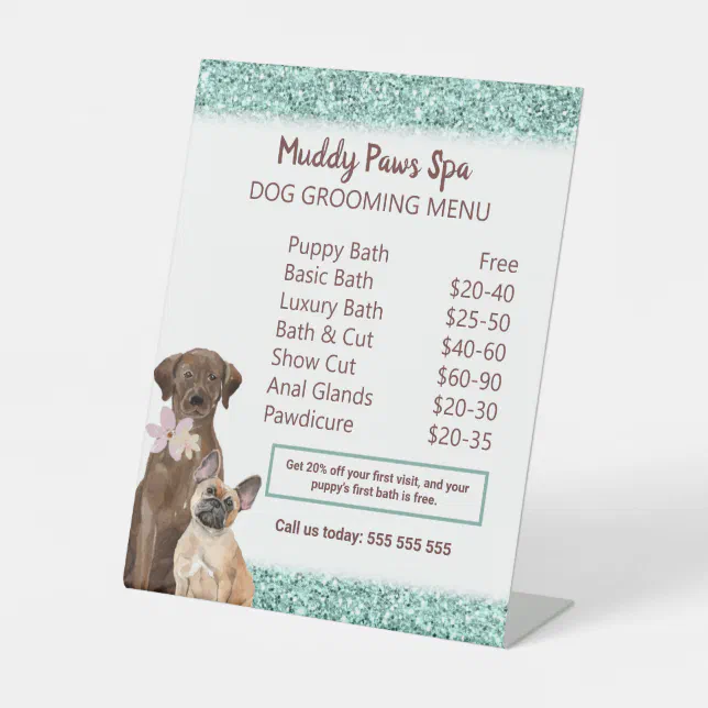 Elegant Turquoise Glitter Dog Grooming Menu Pedestal Sign | Zazzle
