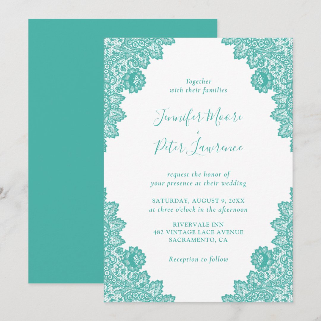 Elegant Turquoise Lace Wedding Invitation | Zazzle