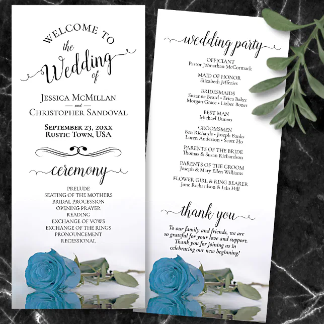 Elegant Turquoise Sky Blue Rose Romantic Wedding Program | Zazzle