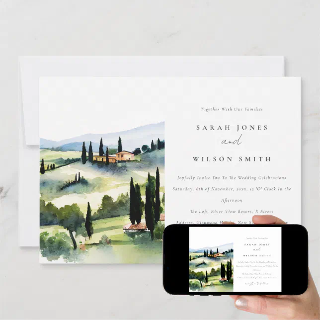 Elegant Tuscany Italy Watercolor Landscape Wedding Invitation | Zazzle