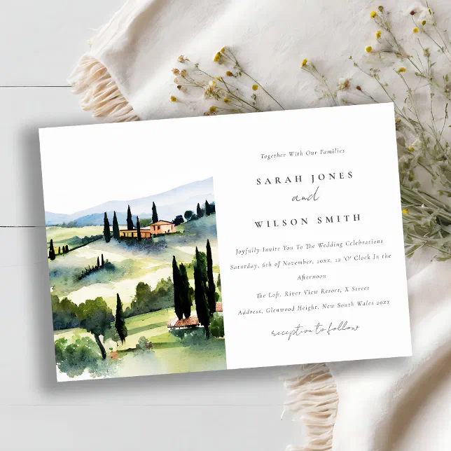 Elegant Tuscany Italy Watercolor Landscape Wedding Invitation | Zazzle